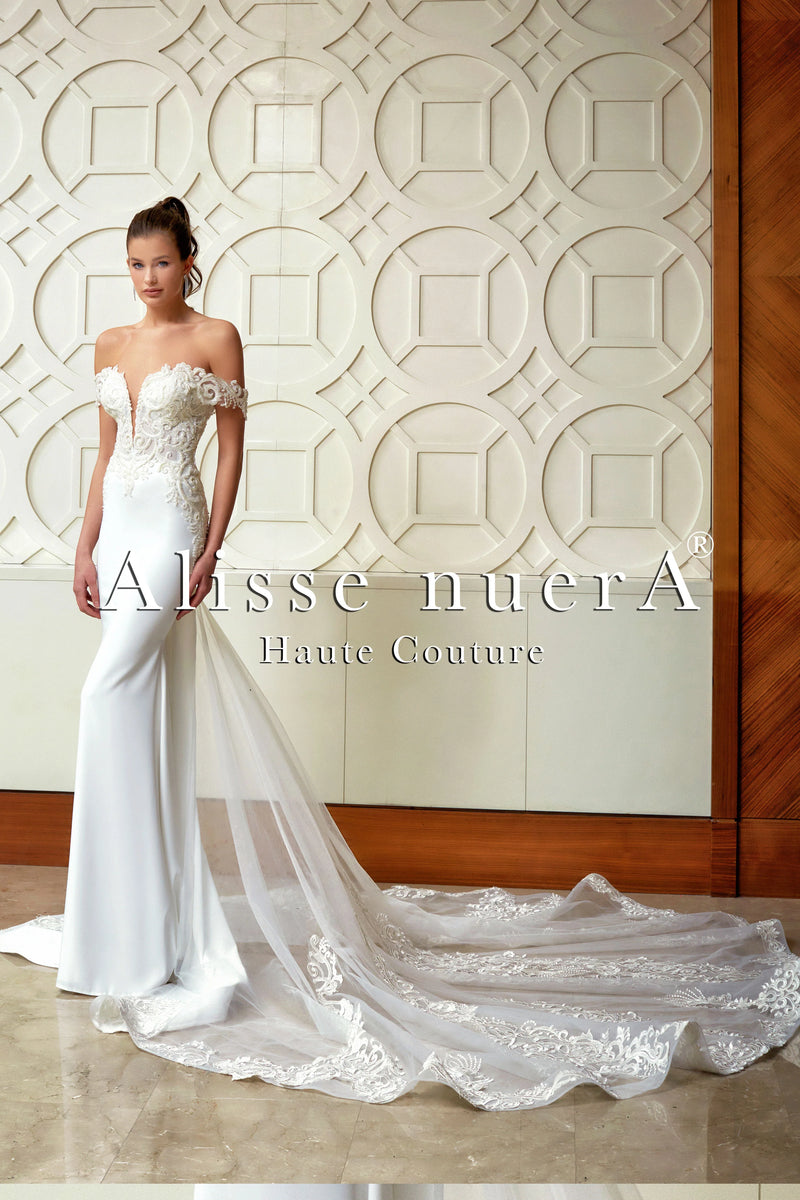 Off Shoulder Applique Lace Fishtail Bridal Gown with Train - Alisse ...