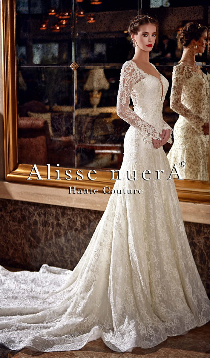 Plunging Neck Long Sleeve Wedding Dress with Back Decolletage - Alisse ...
