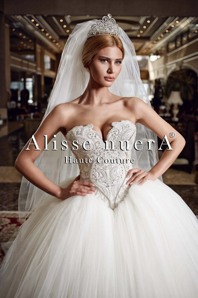 Basque Waist Wedding Dress with Voluminous Tulle Princess Skirt ...