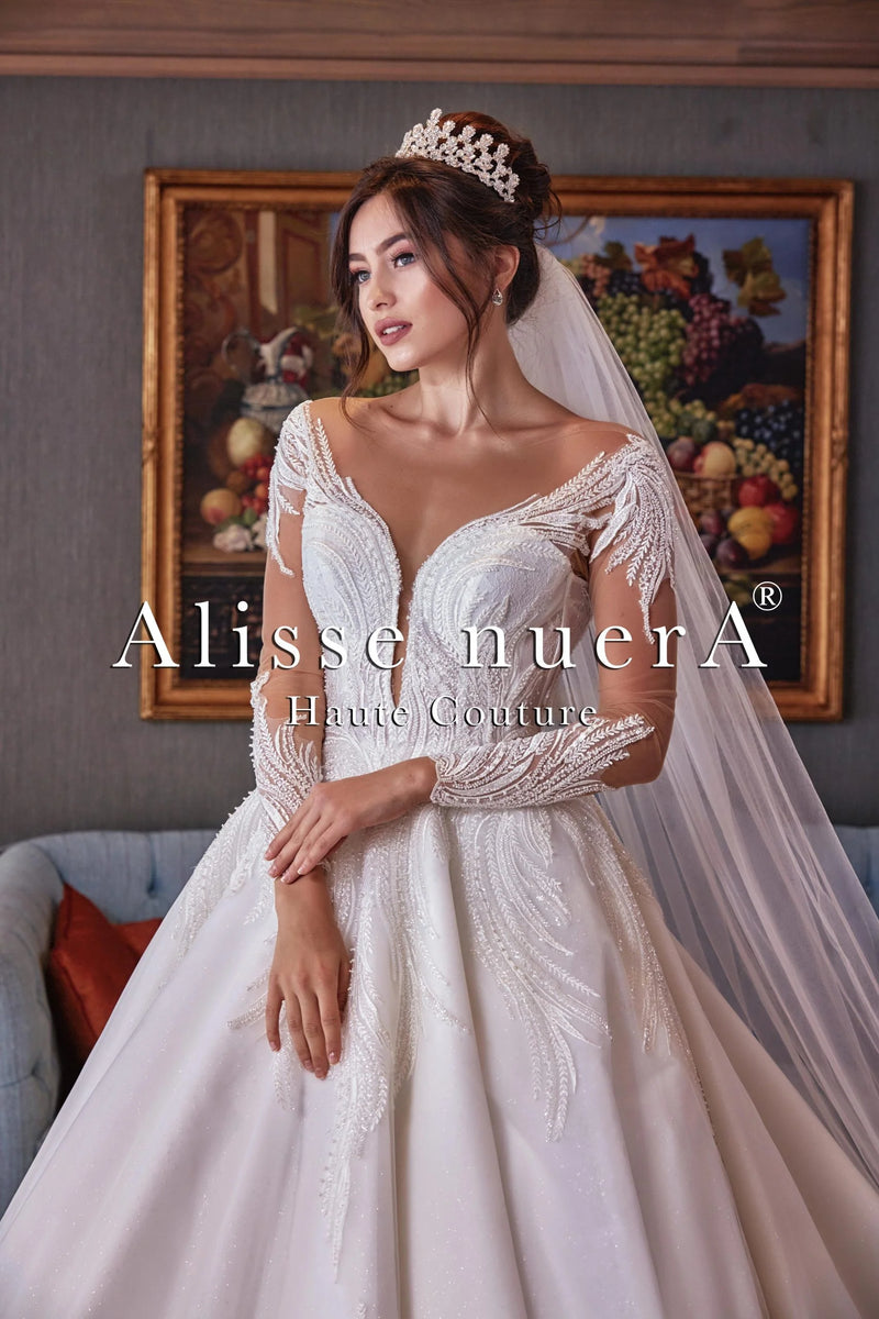 Illusion Sleeve Leaf Design Sparkly Wedding Ball Gown with Decollete B ...