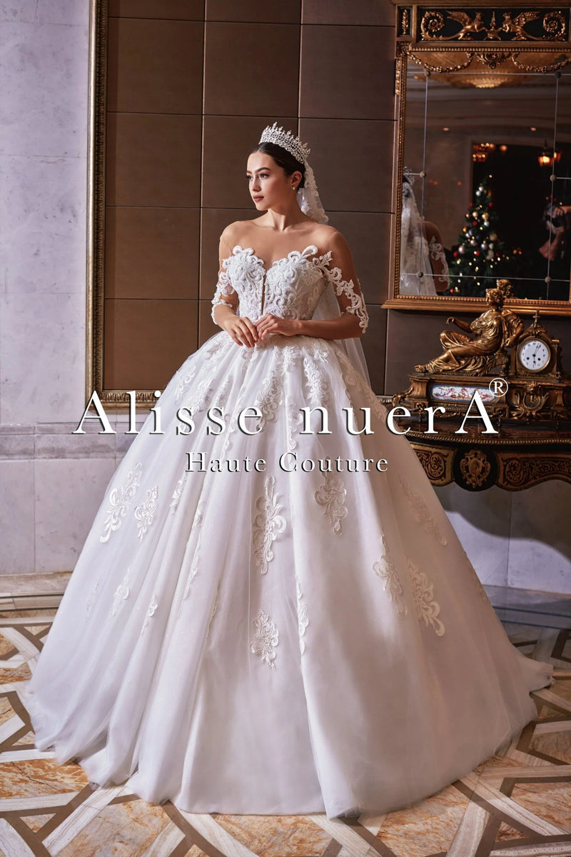 Lace Applique Princess Ballroom Wedding Gown – Alisse Bridal